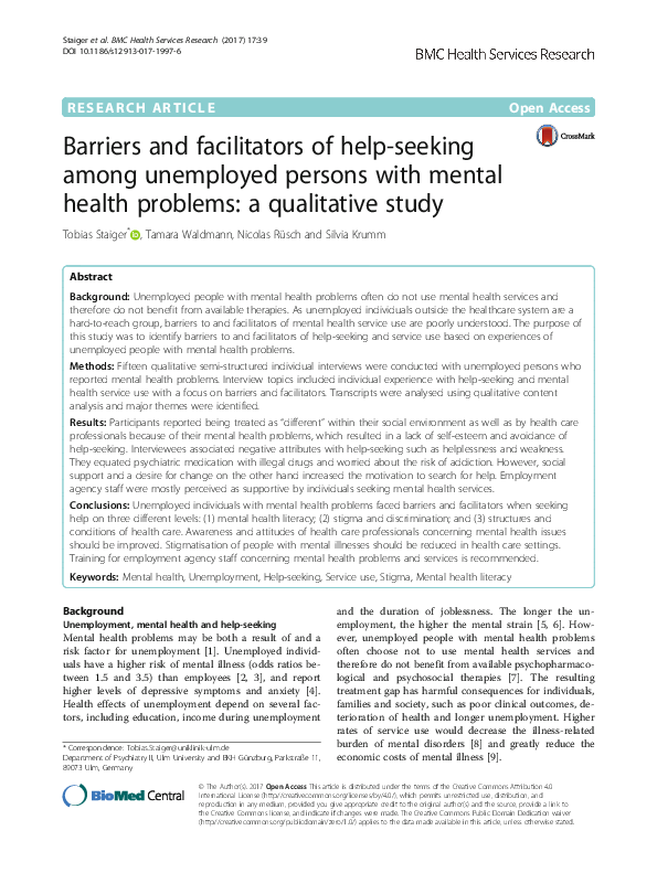 (PDF) Barriers and facilitators of help-seeking among unemployed persons with mental health ...