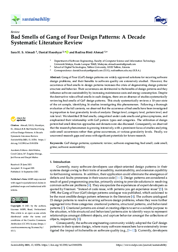 Pdf Bad Smells Of Gang Of Four Design Patterns A Decade Systematic Literature Review Sara