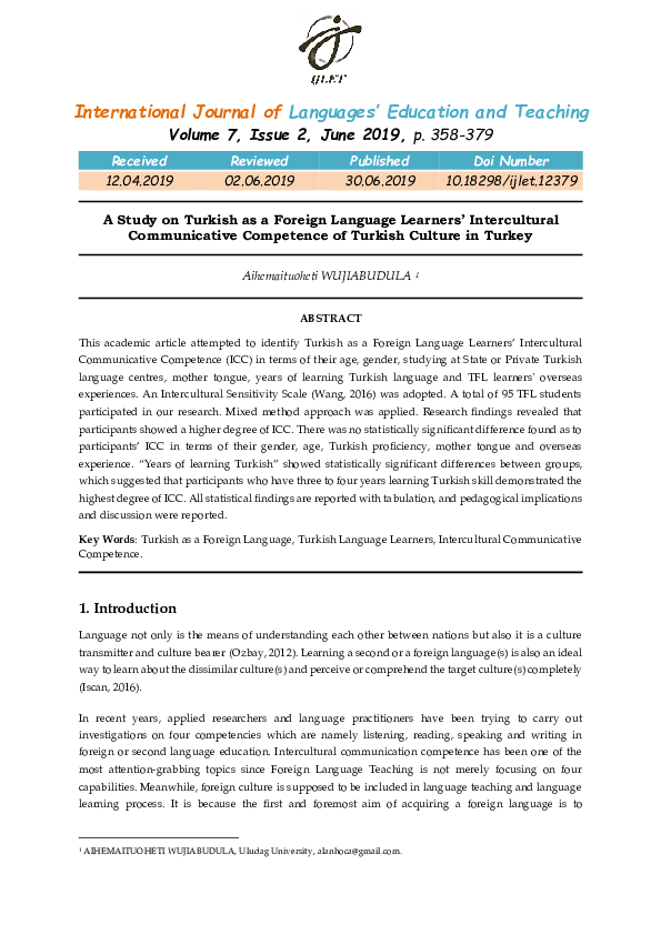 (PDF) A Study on Turkish as a Foreign Language Learners’ Intercultural ...