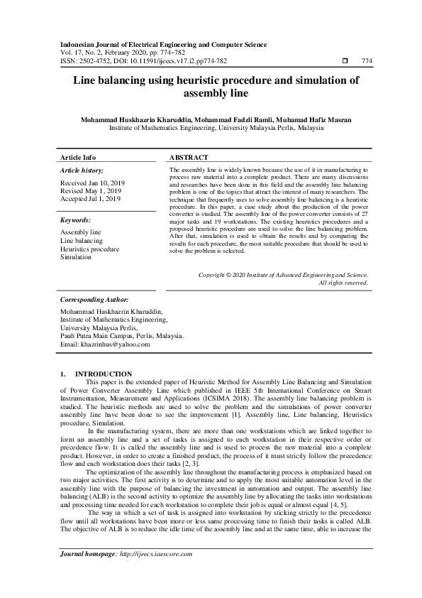 Pdf Line Balancing Using Heuristic Procedure And Simulation Of Assembly Line
