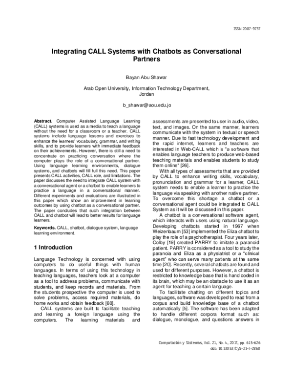 (PDF) Integrating CALL Systems with Chatbots as Conversational Partners