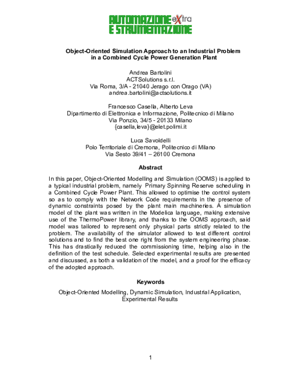 Pdf Object Oriented Simulation Approach To An Industrial Problem In A Combined Cycle Power