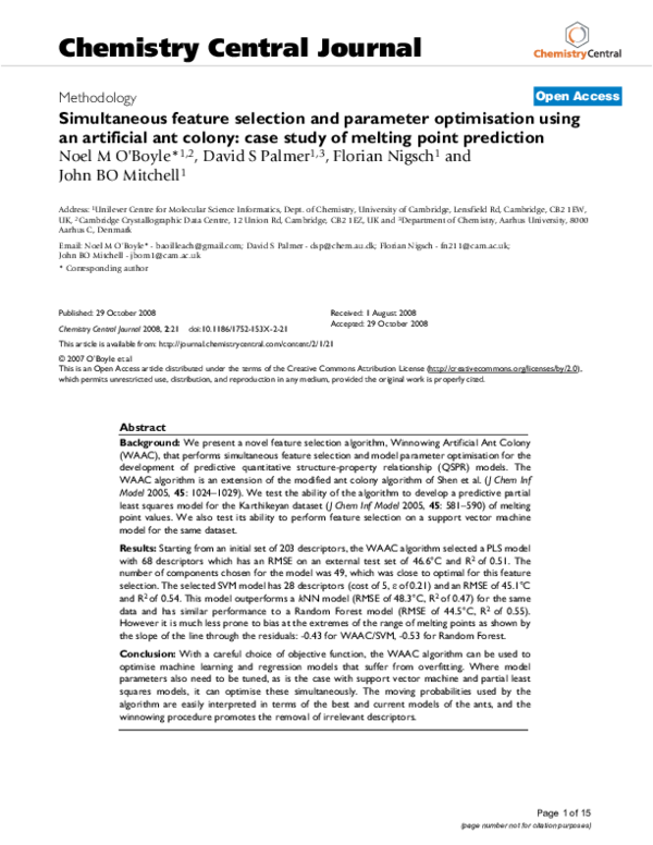 Pdf Simultaneous Feature Selection And Parameter Optimisation Using