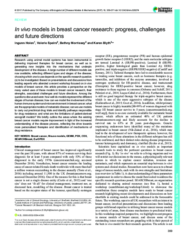 (PDF) In vivo models in breast cancer research: progress, challenges ...