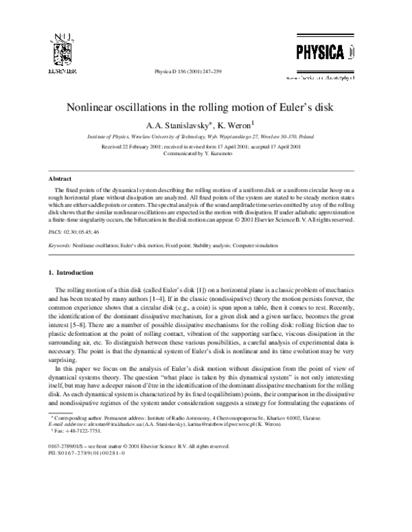 (PDF) Nonlinear oscillations in the rolling motion of Euler's disk