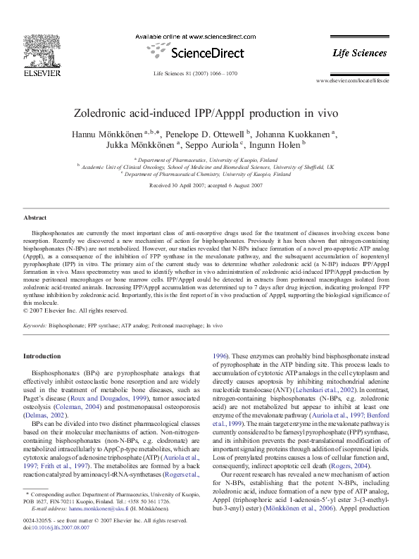 (PDF) Zoledronic acid-induced IPP/ApppI production in vivo