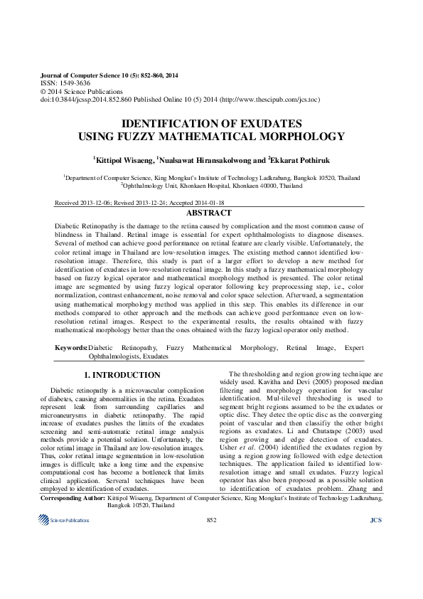 Pdf Identification Of Exudates Using Fuzzy Mathematical Morphology