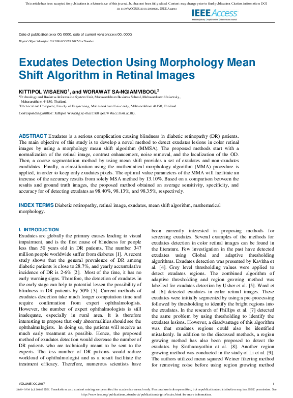 Pdf Exudates Detection Using Morphology Mean Shift Algorithm In Retinal Images