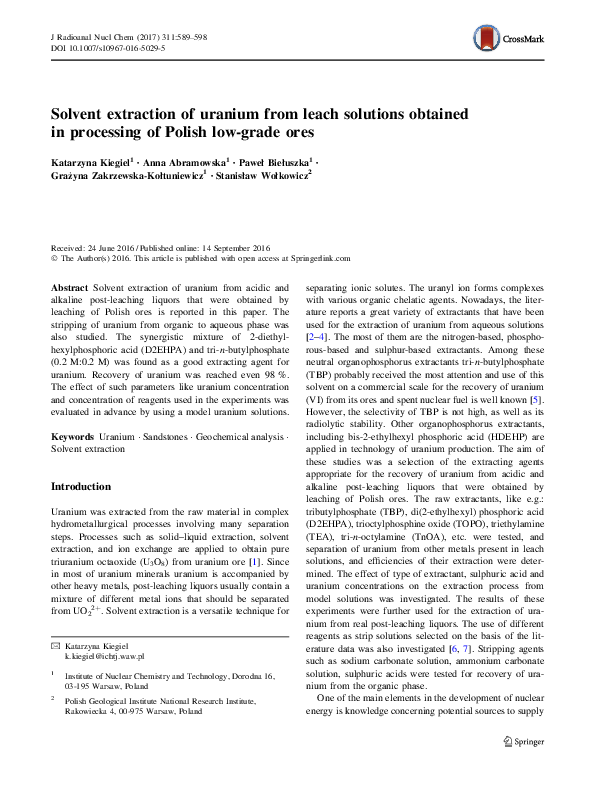 (PDF) Solvent extraction of uranium from leach solutions obtained in ...