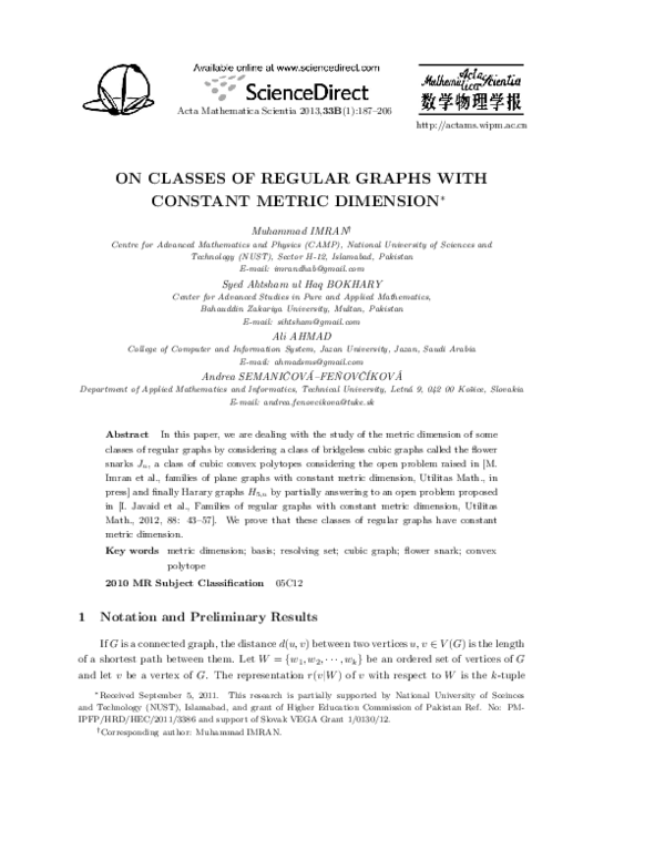 (PDF) On classes of regular graphs with constant metric dimension