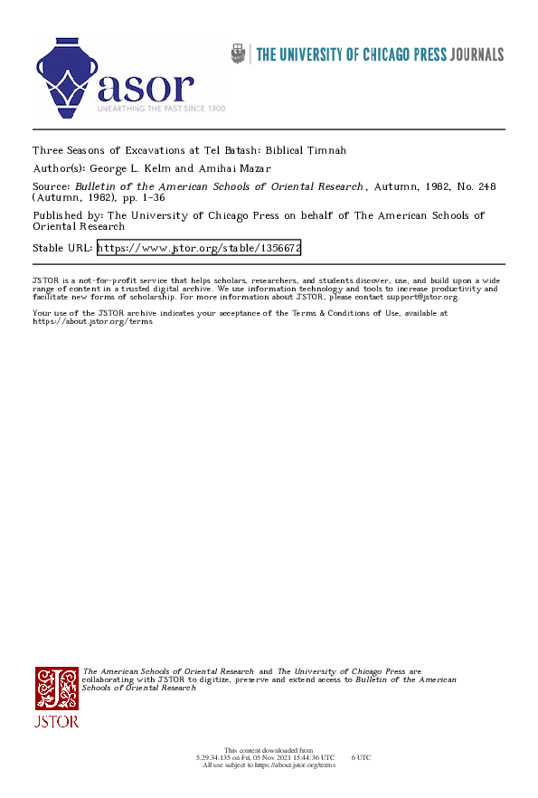 (PDF) Three Seasons of Excavations at Tel Batash: Biblical Timnah