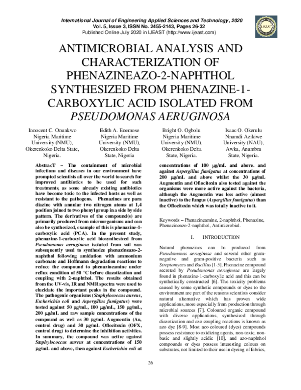 (PDF) Antimicrobial Analysis and Characterization of PHENAZINEAZO-2-NAPHTHOL Synthesized from ...