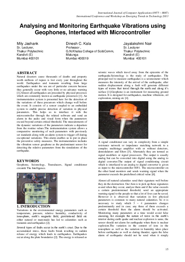 (PDF) Analysing and Monitoring Earthquake Vibrations using Geophones, Interfaced with ...
