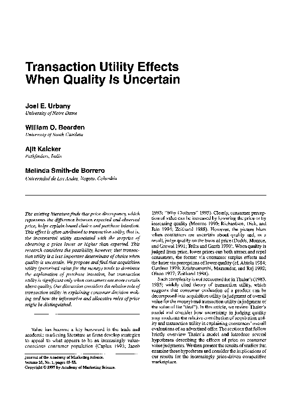 (PDF) Transaction Utility Effects When Quality is Uncertain