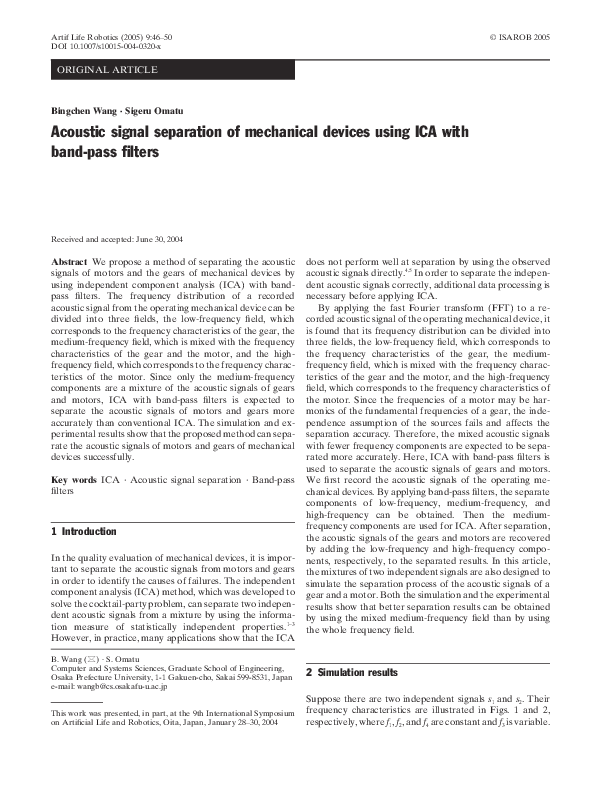 (PDF) Acoustic signal separation of mechanical devices using ICA with ...