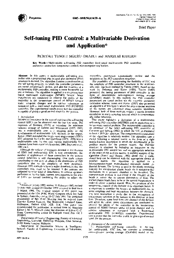 (PDF) Self-tuning PID control: A multivariable derivation and application