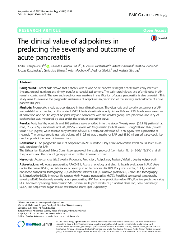 (PDF) The clinical value of adipokines in predicting the severity and outcome of acute pancreatitis