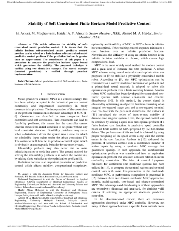 (PDF) Stability of Soft Constrained Finite Horizon Model Predictive Control