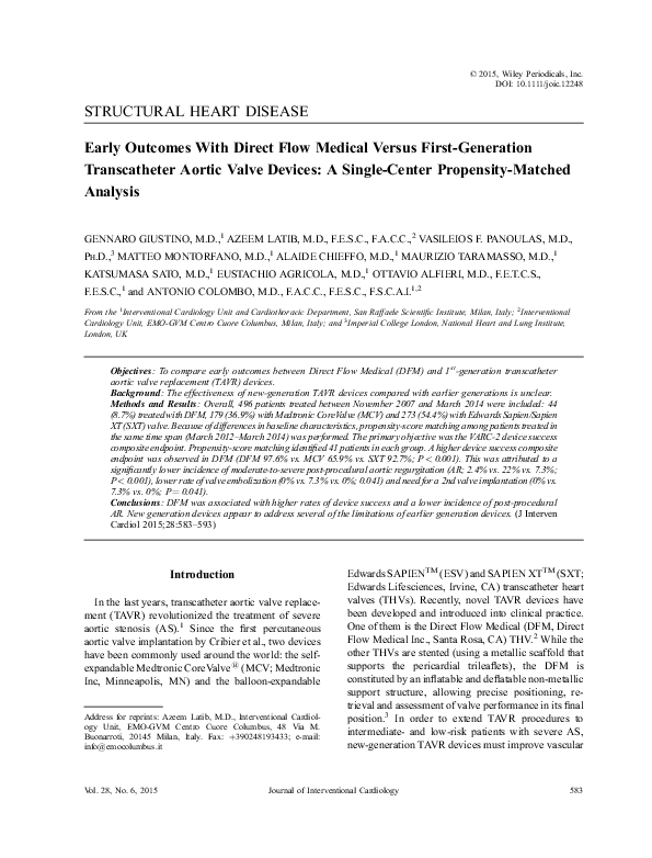 (PDF) Early Outcomes With Direct Flow Medical Versus First-Generation ...