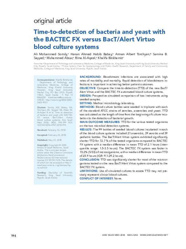 (PDF) Time-to-detection of bacteria and yeast with the BACTEC FX versus ...