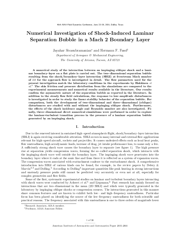 (PDF) Numerical Investigation of Shock-Induced Laminar Separation Bubble in a Mach 2 Boundary Layer