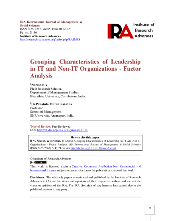 (PDF) Grouping Characteristics of Leadership in IT and Non-IT Organizations - Factor Analysis