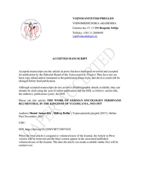 (PDF) The work of German oncologist Ferdinand Blumenthal in the Kingdom ...