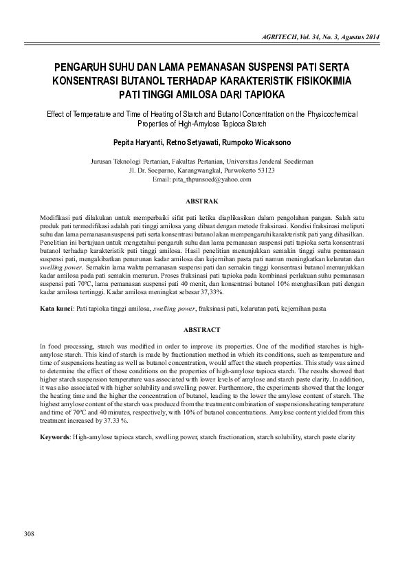 (PDF) Pengaruh Suhu Dan Lama Pemanasan Suspensi Pati Serta Konsentrasi Butanol Terhadap ...