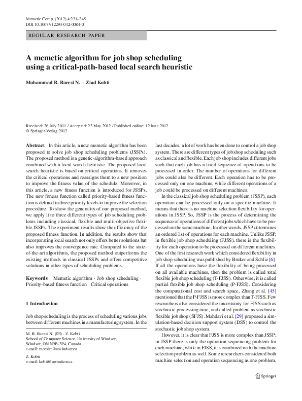 Pdf A Memetic Algorithm For Job Shop Scheduling Using A Critical Path Based Local Search Heuristic