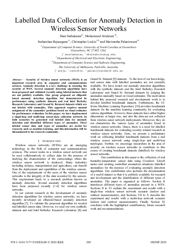 (PDF) Labelled data collection for anomaly detection in wireless sensor networks