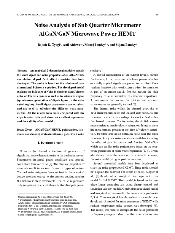 Noise Analysis of Sub Quarter Micrometer AlGaN/GaN Microwave Power HEMT