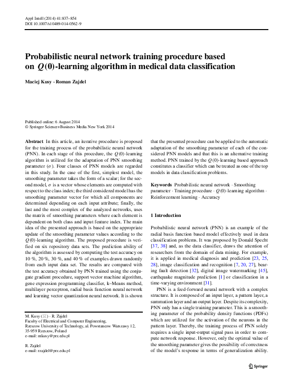 (PDF) Probabilistic neural network training procedure based on Q(0)-learning algorithm in ...