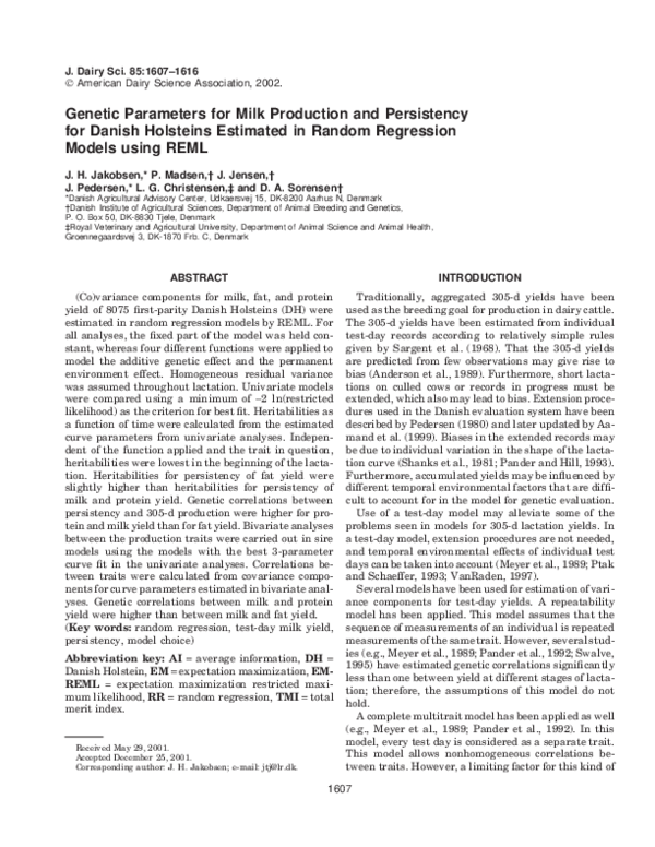 (PDF) Genetic parameters for milk production and persistency for Danish Holsteins estimated in ...