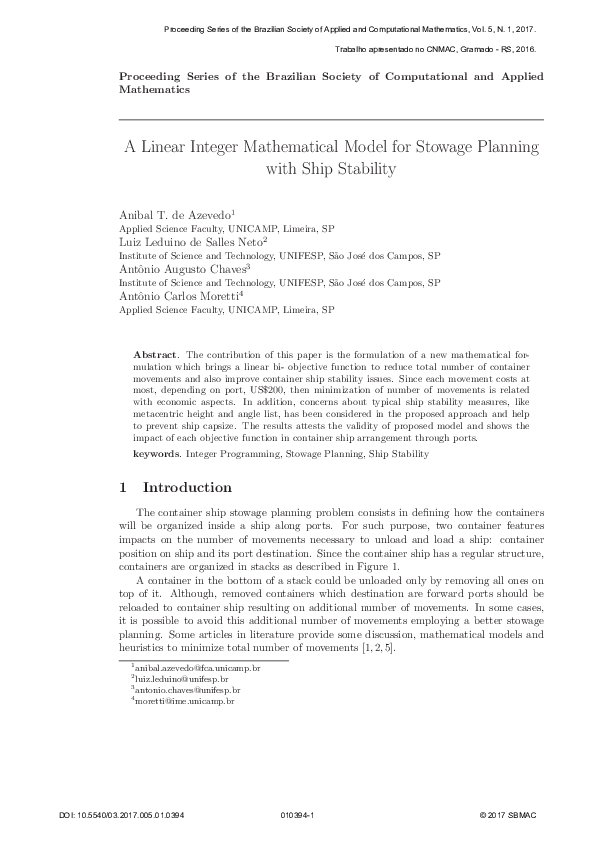 (PDF) A Linear Integer Mathematical Model for Stowage Planning with Ship Stability