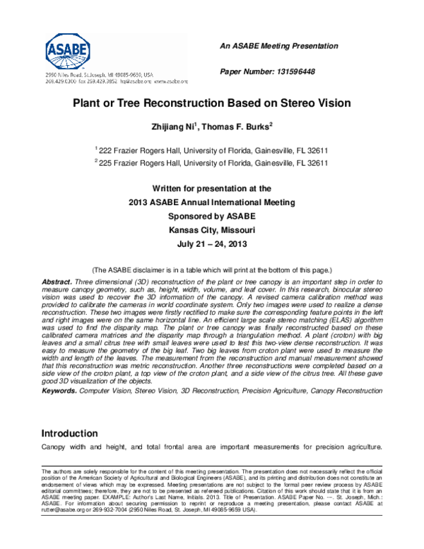 (PDF) Plant or Tree Reconstruction Based on Stereo Vision