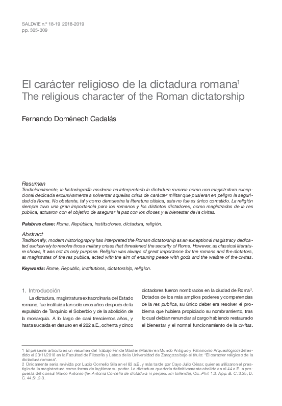 (PDF) El carácter religioso de la dictadura romana | Fernando Domenech ...
