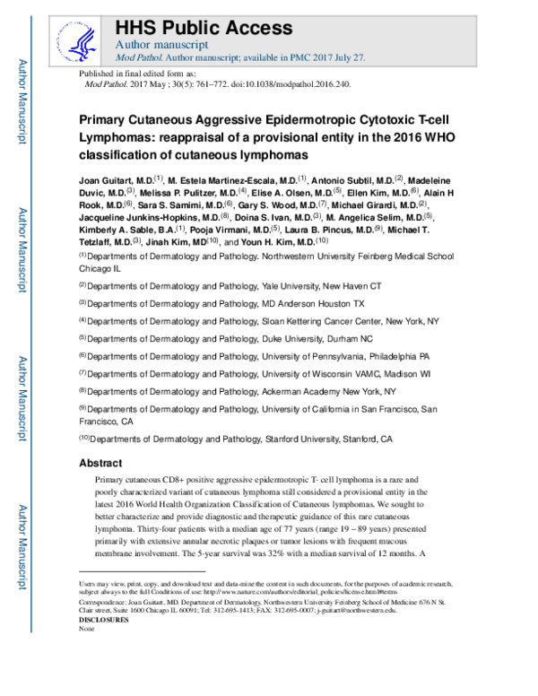 (PDF) Primary cutaneous aggressive epidermotropic cytotoxic T-cell lymphomas: reappraisal of a ...