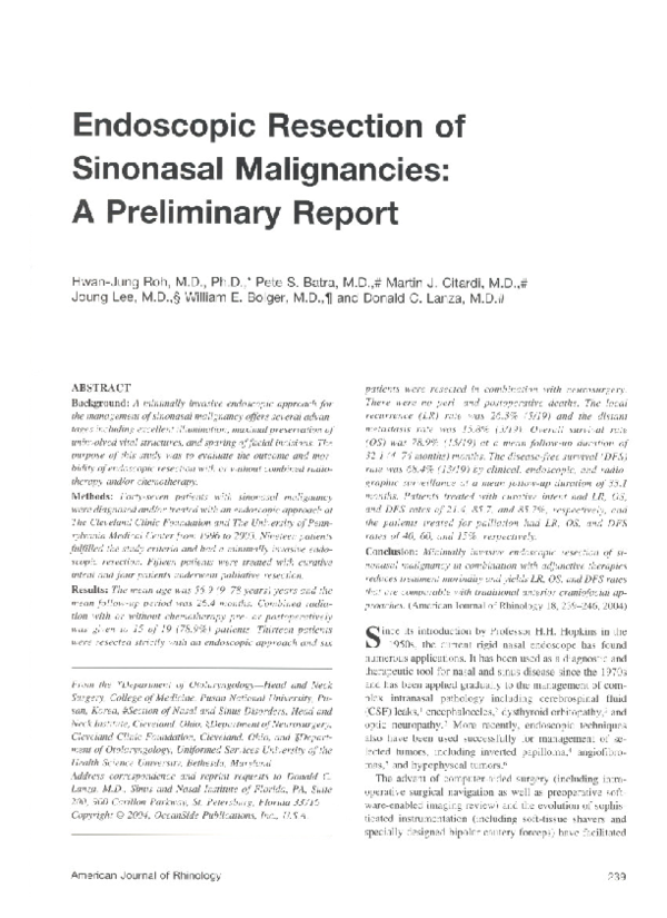 (PDF) Endoscopic resection of sinonasal malignancies: a preliminary report | Martin Citardi ...