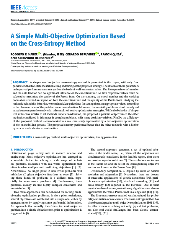 Pdf A Simple Multi Objective Optimization Based On The Cross Entropy Method Ramon Quiza