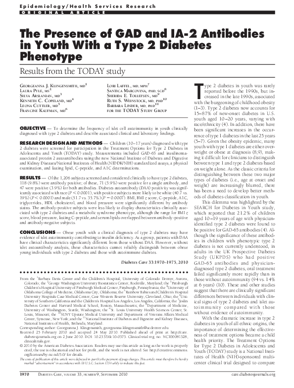 (PDF) The Presence of GAD and IA-2 Antibodies in Youth With a Type 2 ...
