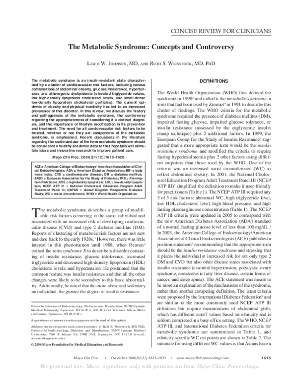 (PDF) The Metabolic Syndrome: Concepts and Controversy | Ruth Weinstock ...