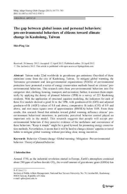 (PDF) The gap between global issues and personal behaviors: pro ...