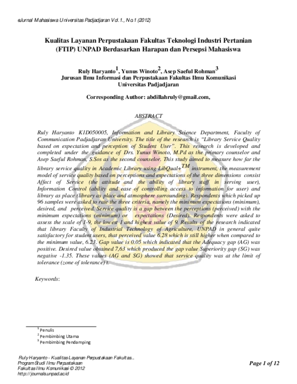 (PDF) Kualitas Layanan Perpustakaan Fakultas Teknologi Industri ...