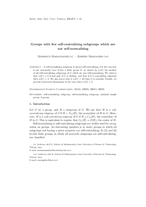 (PDF) Groups with few self-centralizing subgroups which are not self-normalizing