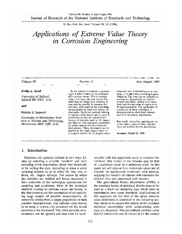 (PDF) Applications of extreme-value theory in corrosion engineering