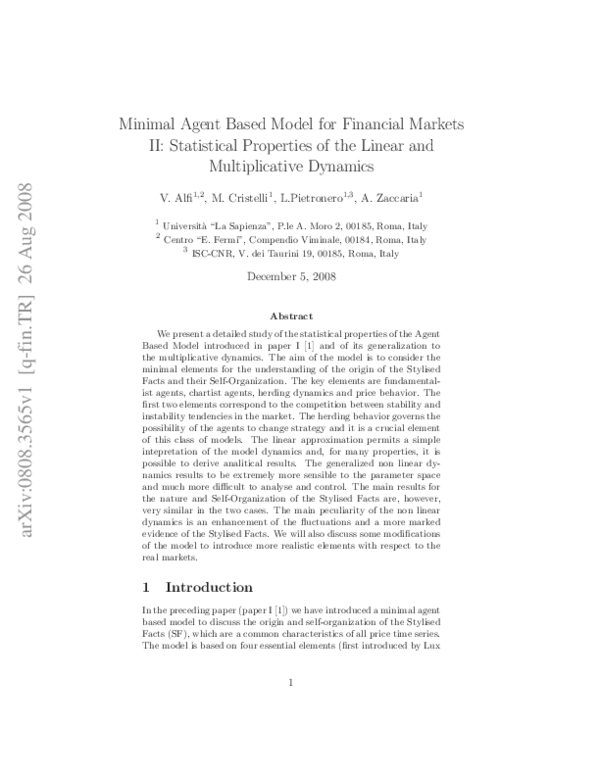 (PDF) Minimal agent based model for financial markets I