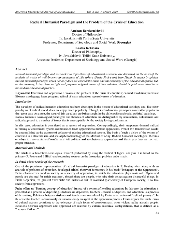 (PDF) Radical Humanist Paradigm and the Problem of the Crisis of Education