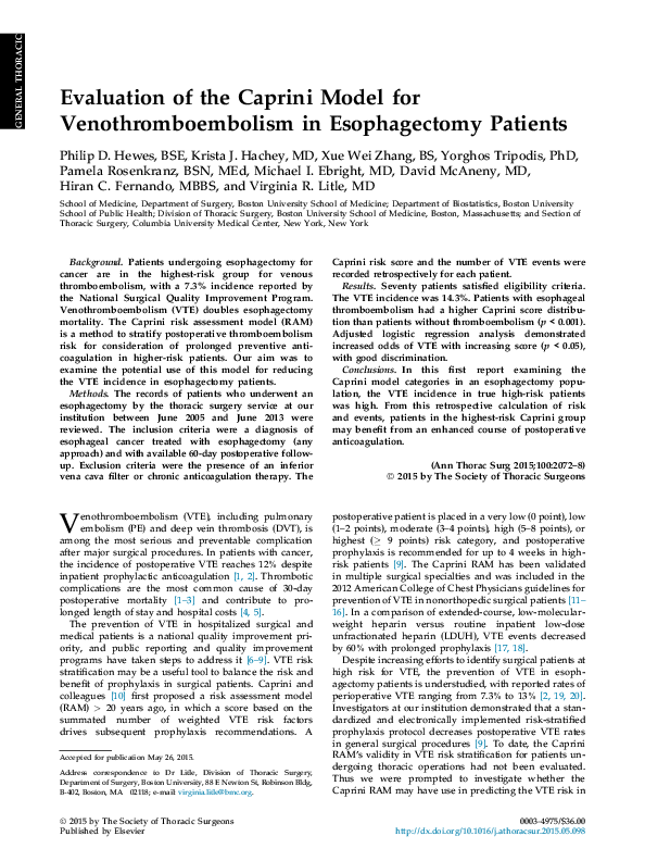 (PDF) Evaluation of the Caprini Model for Venothromboembolism in ...