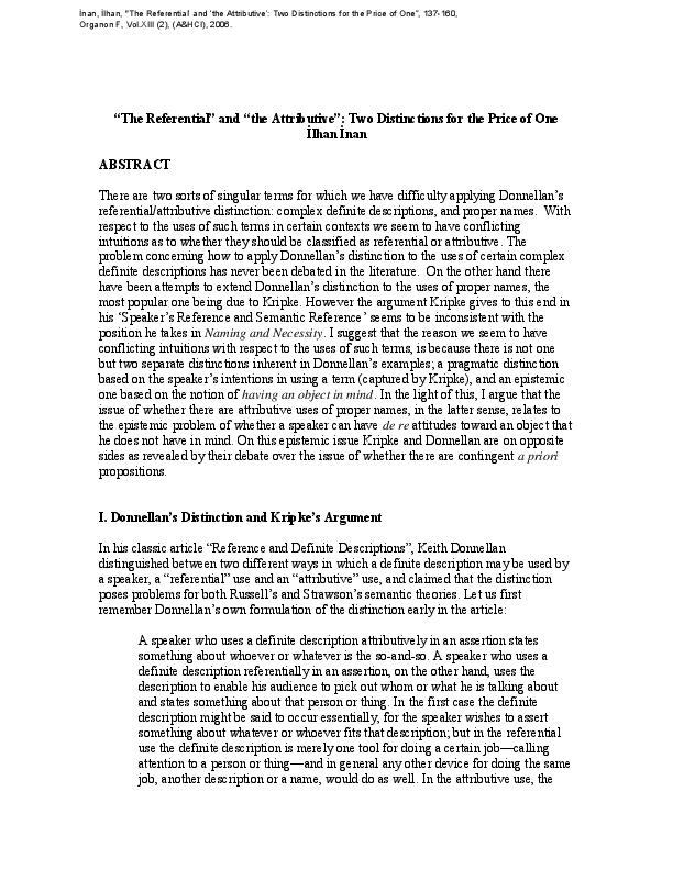 (PDF) “The Referential” and “the Attributive”: Two Distinctions for the ...