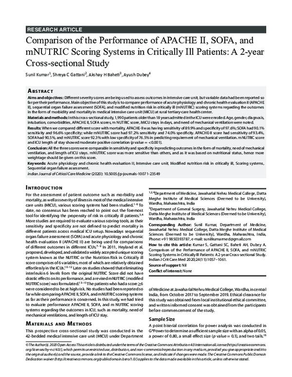 Pdf Comparison Of The Performance Of Apache Ii Sofa And Mnutric